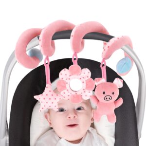 vocheer car seat toys for babies 0-6 months hanging rattle bouncer toys for crib mobile, infant spiral plush stroller toys，girls pink pig