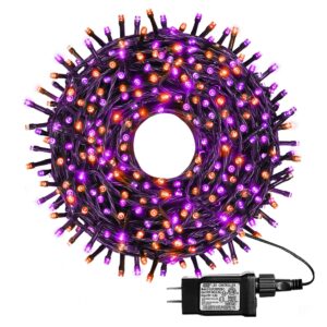 kemooie 500 led halloween lights, 164ft 8 lighting modes plug in waterproof fairy lights for outdoor tree lights party garden balcony halloween decorations(purple and orange)