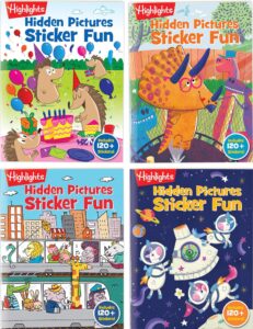 highlights hidden pictures sticker fun sticker books for kids ages 3-6, 4-pack of sticker books, 64 pages of seek and find sticker activities, books double as coloring books, 480+ stickers, volume 2