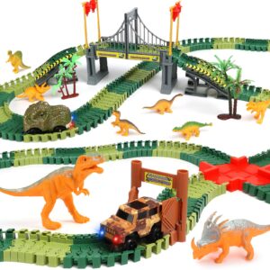 dinosaur track toys with 227pcs flexible track, 1 dinosaur car, 1 race car, 8 dinosaurs for 3 4 5 6+ year old boys girls best gift, create a unique dinosaur world road race