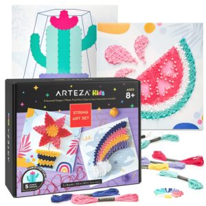 arteza kids string art kit, set of 5 assorted designs, plastic pushpins, art supplies for kids craft projects and free time activities