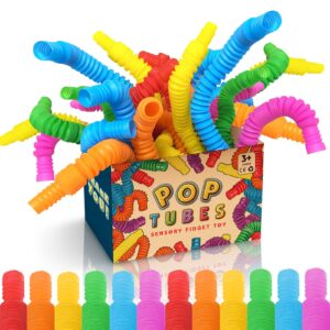 mini pop tubes fidget toy 24 pack: sensory stretch tubes kit stress relief toys for kids | fun pop tubes bulk | classroom party favors prizes birthday party supplies fine motor skills for toddlers