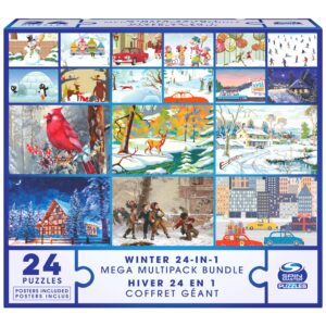 24 jigsaw puzzle bundle, holiday winter snow illustration landscape, 1000, 500, 300, 100, 48, 24 pieces, for kids and adults ages 8 and up