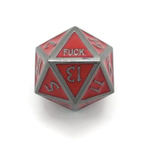 red metal d20 f*** dice critical fail f 20 sided die set dnd black red gunmetal color number for role playing game dungeons and dragons d&d pathfinder shadowrun and math teaching