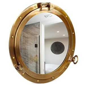 nagina international oil rubbed antique bronze finish vintage style porthole mirror window | stylish home & wall decor | bathroom hanging mirror door fixture window (mirror, 24 inches)