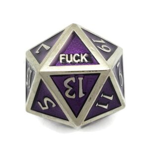 purple silver metal d20 f*** dice critical fail f 20 sided die set dnd blue white color number for role playing game dungeons and dragons d&d pathfinder shadowrun and math teaching