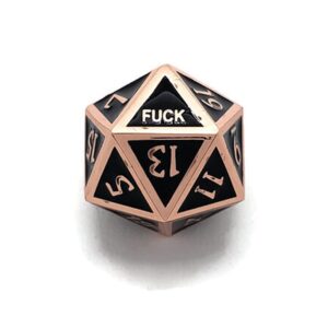 metal d20 f*** dice critical fail f 20 sided die set dnd black copper brass steampunk gunmetal color number for role playing game dungeons and dragons d&d pathfinder shadowrun and math teaching