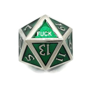 green metal d20 f*** dice critical fail f 20 sided die set dnd silver chrome color number for role playing game dungeons and dragons d&d pathfinder shadowrun and math teaching