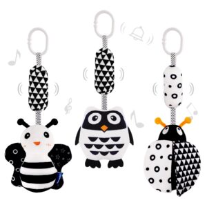 aipinqi 3 pack hanging rattle toys,high contrast baby toys and plush stroller toys for babies 0-18 months,newborn car seat toys with black and white cartoon shapes,(ladybug,bee & owl)