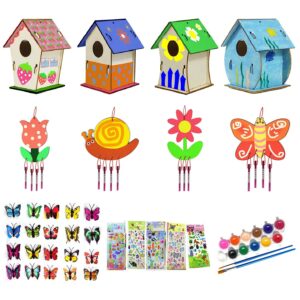 aulufft 18pcs diy wooden bird house tool set,wooden arts wind chime kits with pigments and brush,simulation butterfly accessories,birdhouse crafts for diy paint