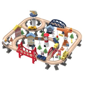 leo & friends 100 piece railway city track set - educational wooden toy construction kit for preschoolers aged 3 years and above - train toy for active learning multicolor