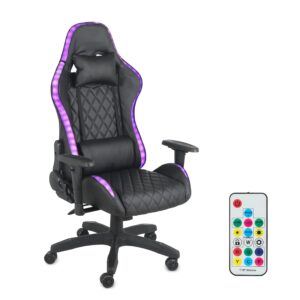 comfty rgb led reclining diamond quilted black leather racing gaming pillows & remote control chairs, multicolor