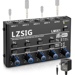 lzsig mini audio mixer,stereo line mixer for sub-mixing,ultra low-noise,4-channel,dynamic microphone independent control, 1/4" & 1/8" trs output and input,for guitars,bass,keyboards (small(4-channel))