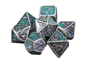 mystical forest of elf dnd metal dice set for dungeons and dragons gifts, d&d, d and d, pathfinder, accessories, d20, polyhedral, resin dice, metal, dice tray, tower, bag, box