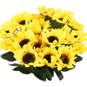 hangnuo 4 pack artificial sunflower bouquets with stems silk sunflowers leaves fake sun flower for home officce parties bridal wedding garden decoration each bunche with 7 heads