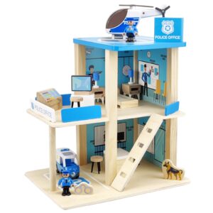 wooden police station playset toy, multicolor 3-level pretend play dollhouse set with figures, car, helicopter and accessories, preschool learning educational toys for toddlers kids age 3 and up