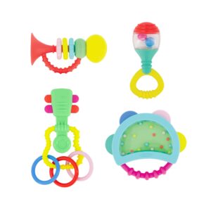 infantino baby's 1st teethe and play music set - baby essentials 4 piece gift set, instrument themed teethers and rattles for sensory stimulation and motor development for babies & toddlers, bpa free