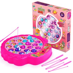 fishing game play set - 21 fish, 4 poles, & rotating board w/on-off music - family children backyard pink toy games for kids and toddlers age 3 4 5 6 7 girls and up