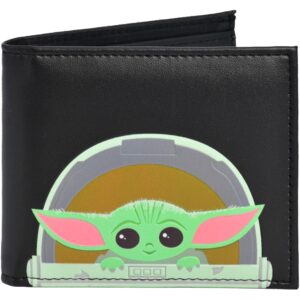 concept one star wars grogu wallet, the mandalorian slim bifold wallet with decorative tin case, black and green