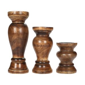 descent art designs rounded turned colums candle stands sustainable wooden for taper candles, country style, idle for farmhouse living room wedding party home décor - 8,6,4 inch set of 3 - burnt