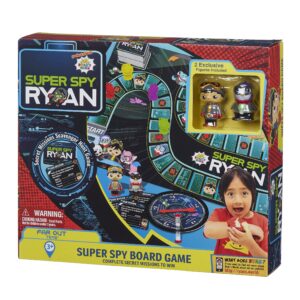 far out toys ryan’s world super spy board game, mission scavenger hunt to pack rat’s secret lair, adventure, exploration, mystery, 2 exclusive rare collectible micro figures, 70 mission cards, ages 3+