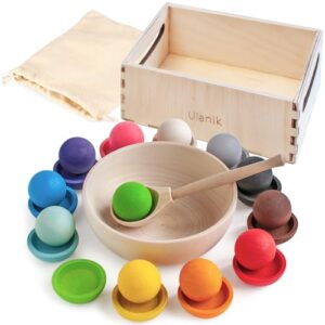 ulanik balls on plates toddler montessori toys for 1+ year old kids wooden matching game for learning color sorting and counting — 12 balls, 1.18 in