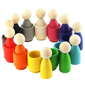 ulanik large peg dolls in cups toddler montessori toys for 3 year old + kids wooden waldorf dolls for learning color sorting and counting — 12 gnomes, 3.35 in