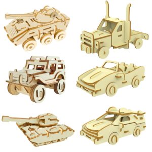 3d wooden puzzle - 6 piece set wooden car brain teaser puzzle - diy assembly car building model kits - wood stem toys gifts for kids and adults teens boys girls