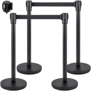 vevor crowd control stanchion, set of 4 pieces stanchion set, stanchion set with 6.6 ft/2 m black retractable belt, black crowd control barrier w/concrete and metal base - easy connect assembly