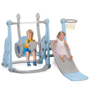 langyi children's four in one slide swing，with basketball frame and ball extra long slide，children's that can be installed at will indoor outdoor garden (blue)