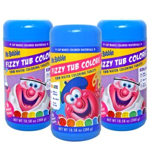 mr. bubble fizzy tub colors bath water coloring tabelets, 6 bright colors, red, orange, yellow, purple, blue and green, fragrance free, cap makes colorful waterfall (3 jars, 150 tablets each)