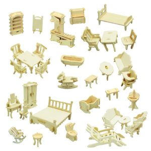 small furniture,dollhouse furniture and accessories 34pcs wooden dollhouse furniture set 3d puzzle miniature puzzle doll house furniture kit puzzle gift for kids teens and adults