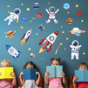 yovkky space astronaut spacecraft wall decal, galaxy solar system planet peel stick sticker watercolor rocket cosmonaut spaceship star nursery decor, home play room decoration kid boy bedroom art gift