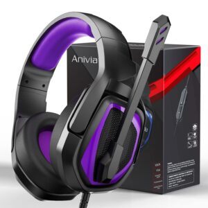 anivia over ear headphones wired with surround sound, bass, volume-control, soft memory earmuffs for multi-platforms - 3.5mm headsets stereo gaming headset with microphone - black purple