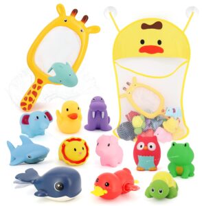 kimstone 13 pieces baby bath toys with 1 pcs bath toy storage & organizer bag for tub fishing game and pool toys for toddlers 1-3