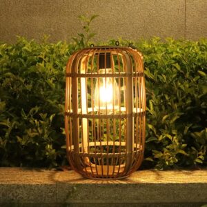 solar hanging lanterns outdoor waterproof,bamboo natural vintage style lights with led edison bulb,decorative solar table lamp for patio yard garden wedding home decor