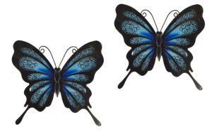 seasonseasy metal and glass butterfly outdoor patio garden wall decor or indoor living room, bedroom, kitchen, bathroom - set of 2 sculpture butterflies with blue design inserts