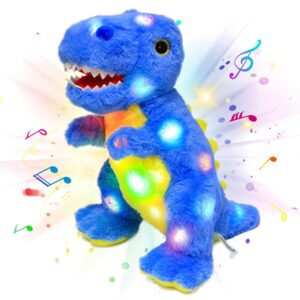 cuteoy blue dinosaur led musical stuffed animal light-up singing plush t-rex adjustable volume lullaby plushies birthday christmas toy gifts for kids toddler girls, 12"