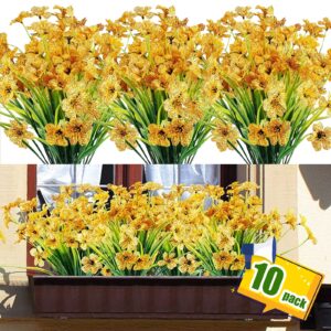 10 bundles artificial flowers outdoor uv resistant plastic plant silk flower, faux fake flower greenery shrub plant indoor outdoor hanging planter home garden porch window box decor (yellow)