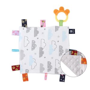 cute baby security tag blanket withteether,soft,soothing, comfortable,dotted backing taggy teething blanket for boys and girls. (clouds)