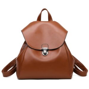 ziming backpacks for women flap backpacks faux leather satchel bag snap lock shoulder bags purse casual ladies daypack purse-brown