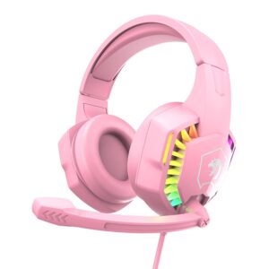 gaming headset with microphone for ps4 pc xbox one ps5 controller,noise cancelling over ear headphones with adjustable mic,breathing rgb light,bass surround,soft memory earmuffs for laptop mac(pink)