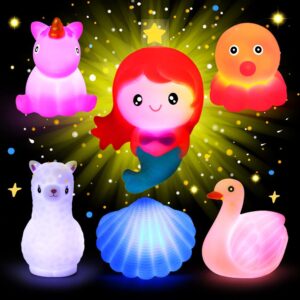 bath toys for toddlers 1-3, no hole cute light up bathtub toys floating rubber sea animal set with flashing colorful led light unicorn mermaid for bathroom shower swimming pool party for baby girl boy