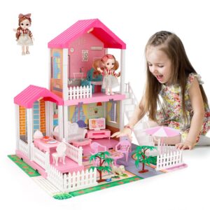 mini tudou dollhouse for girls, doll house with lights, play mat and dolls, diy building pretend play house with accessories furniture and household items,playhouse for girls 3-12 (3 rooms)