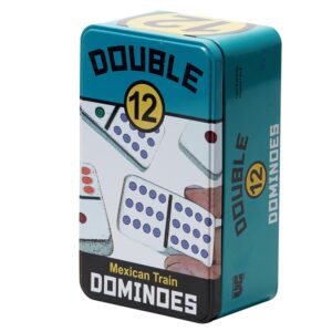 front porch classics | double 12 colored dot dominoes set on-the-go travel storage tin, 2 to 8 players ages 8 to 99