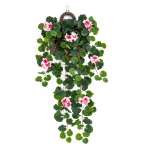 tinghong artificial ivy vines begonia leaf plants with pink silk flower 3.2ft fake hanging green plant for home room garden wedding wall decor (pink no basket )