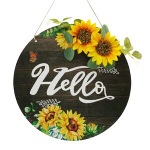 autonomier hello welcome wood wall hanging sign, colourful sunflower wooden front door decor, round antique wood rustic porch decoration for home office garden farmhouse, 12 x 12 inch（brown）