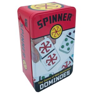 front porch classics | spinner colored dot dominoes set, on-the-go travel storage tin 2 to 8 players ages 8 to 99