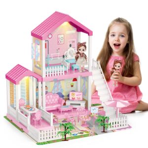 doll house dollhouse for girls,stem dollhouse building toys with play mat,lights,furniture,accessories,doll,pets,pretend play house present for 3 4 5 6 7 year old kids girls (3 rooms playhouse)