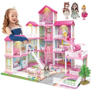 doll house playset with elevator,slide,stairway,lights,furniture,accessories,pretend play dollhouse with 3 dolls& 2 pets,doll house for 3 4 5 6 7 8 year old kids girls (13 rooms)